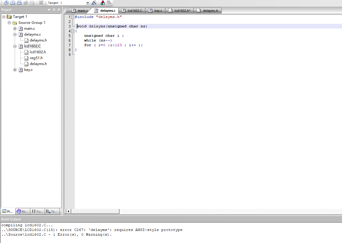 Lcd1602c15 Error C267 Delayms Requires Ansi Style Prototype,我声明